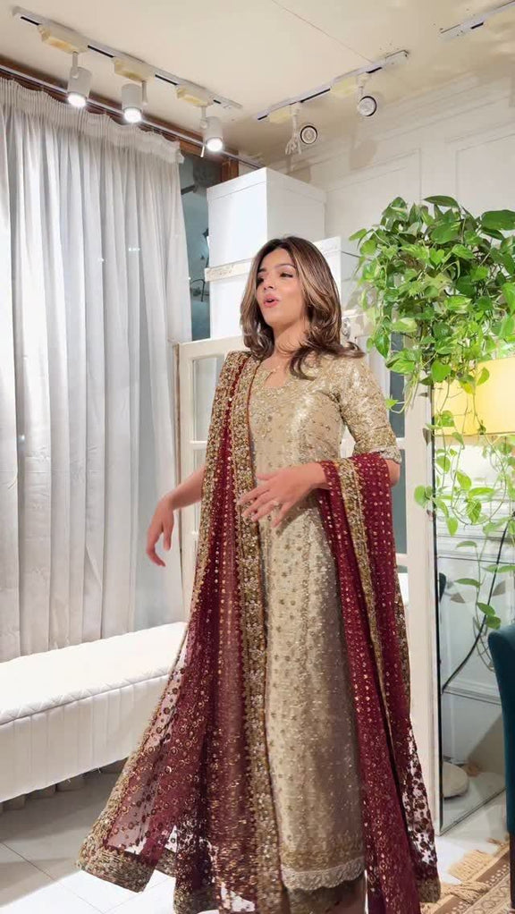 Haris Shakeel Golden Maroon pakistani indian wedding bridal dress ...