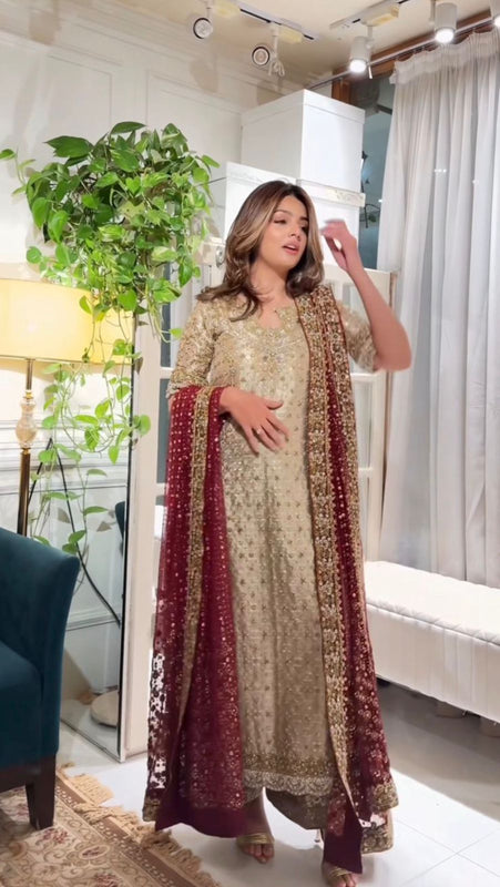 Haris Shakeel Golden Maroon pakistani indian wedding bridal dress ...